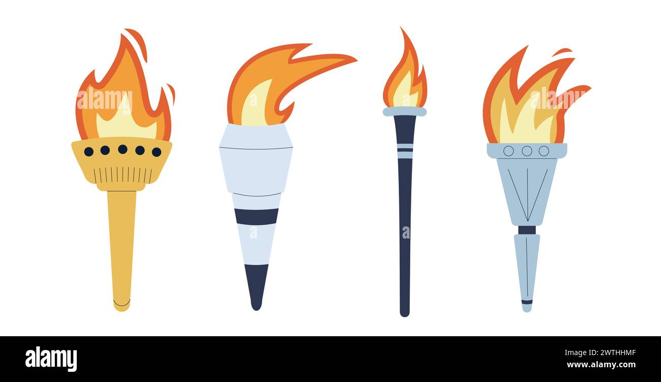 Flaming torches set isolated on white background. Vector flat ...