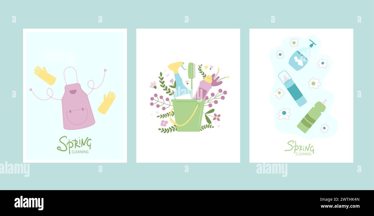Spring cleaning poster set. Bucket, apron gloves and mop spray various ...