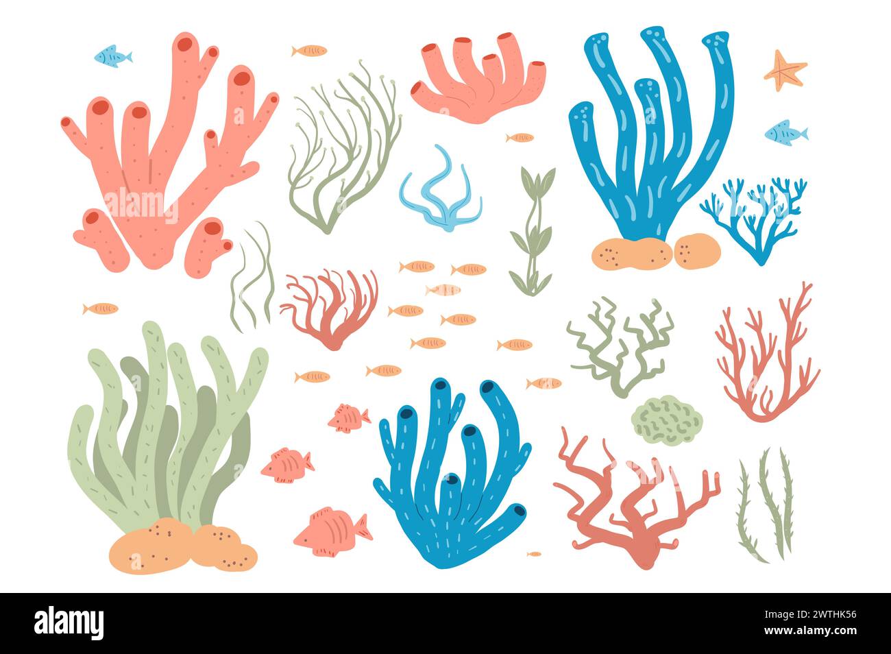 Coral reef and seaweed set isolated on white background. Sea underwater ...