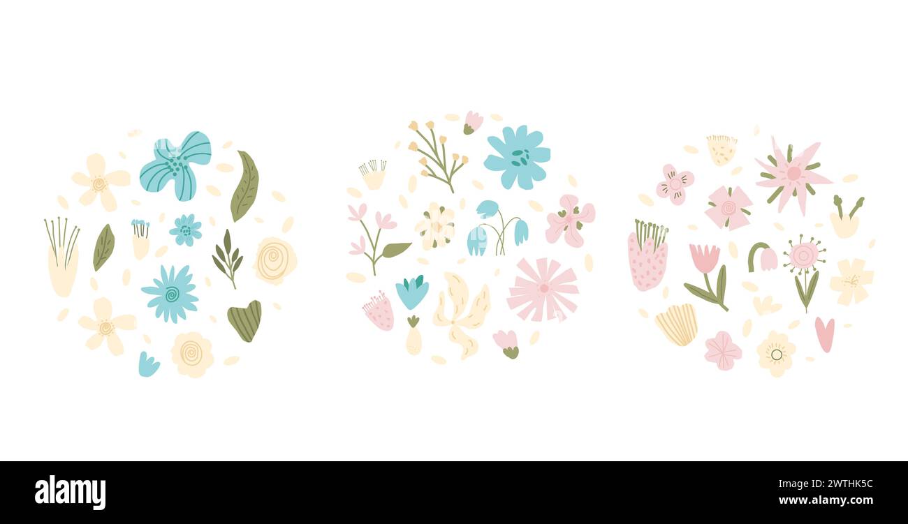 Hand drawn flowers circle composition. Botanical nature spring elements ...