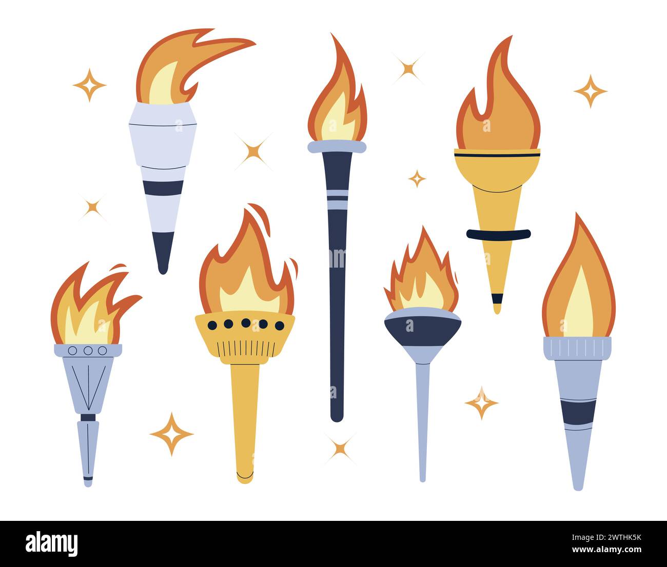 Flaming torches set isolated on white background. Vector simple flat ...