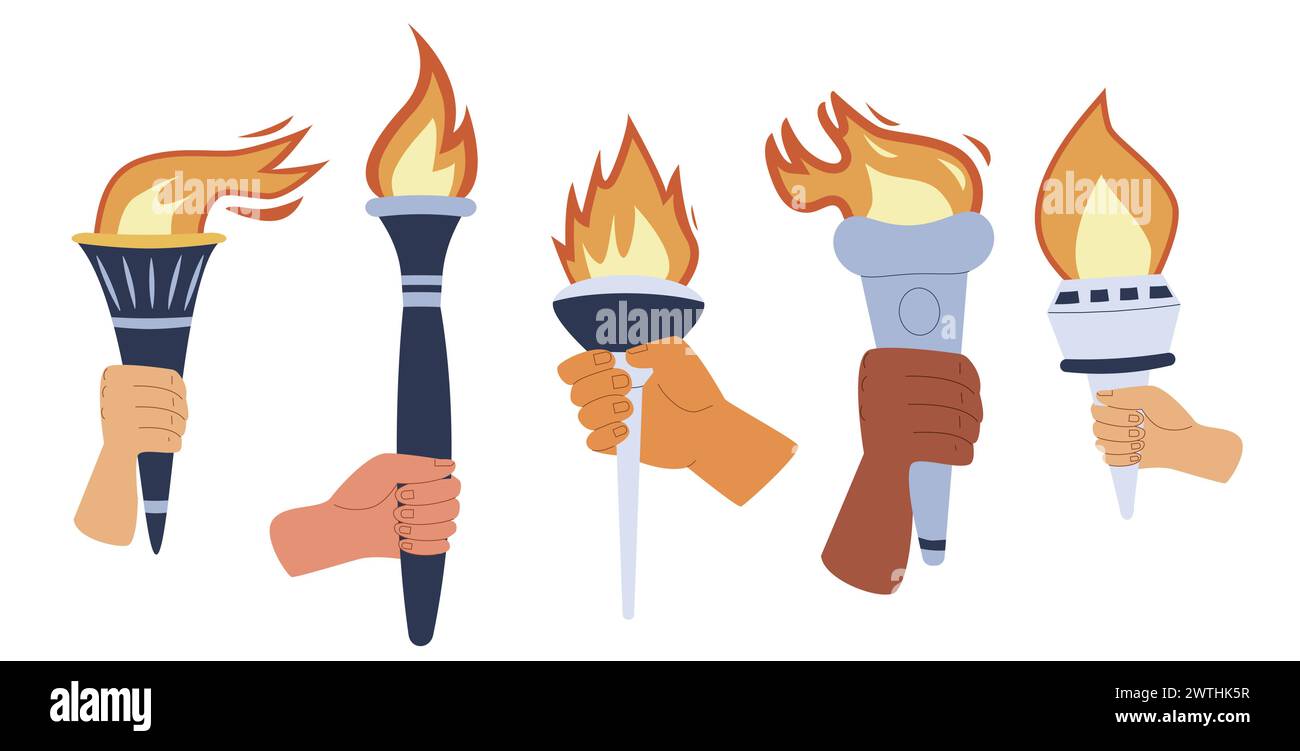 Flaming torches in hands set. Symbol of sport, games, victory and ...