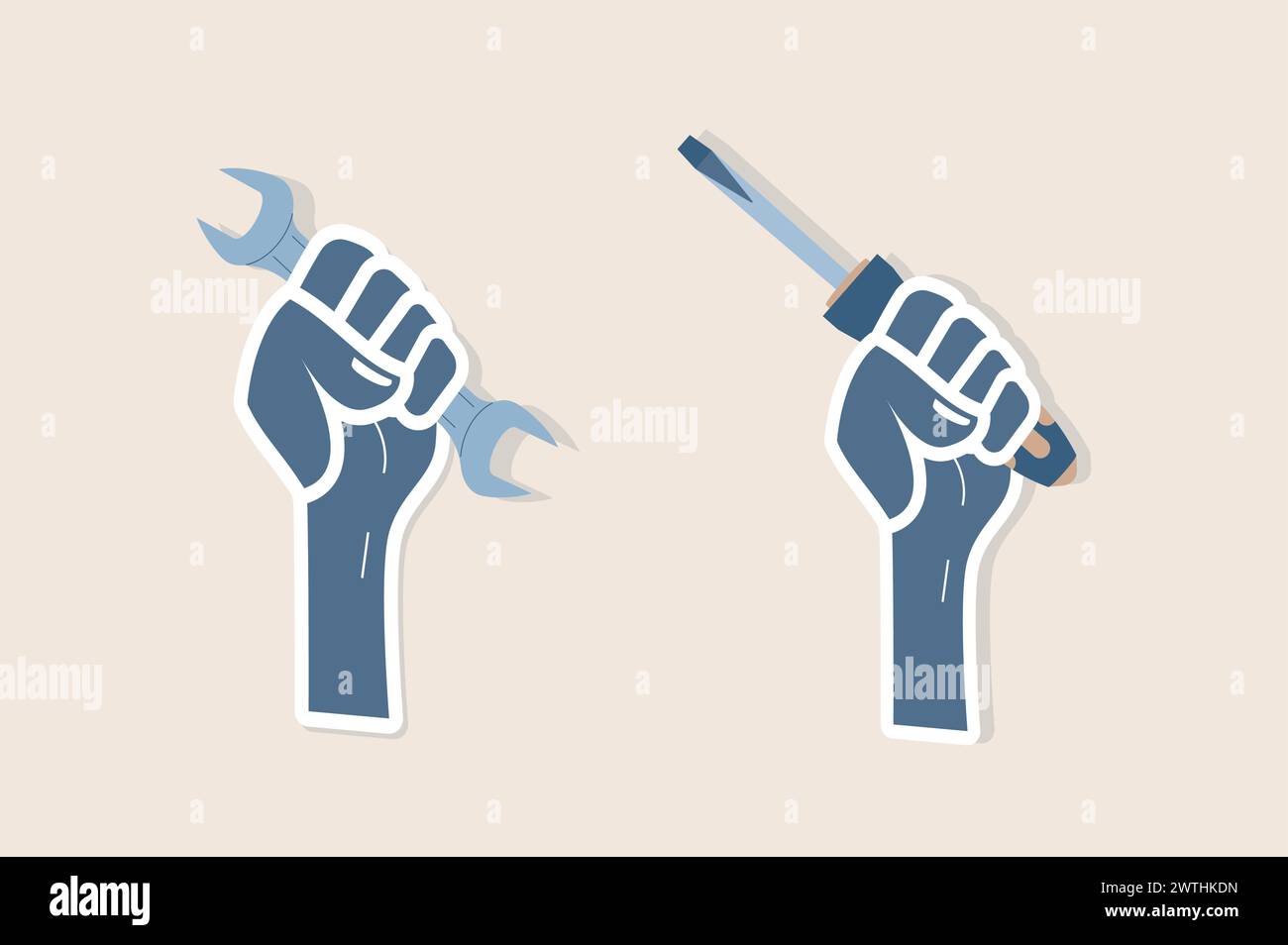 Hand holding screwdriver and wrench stickers. International workers day ...