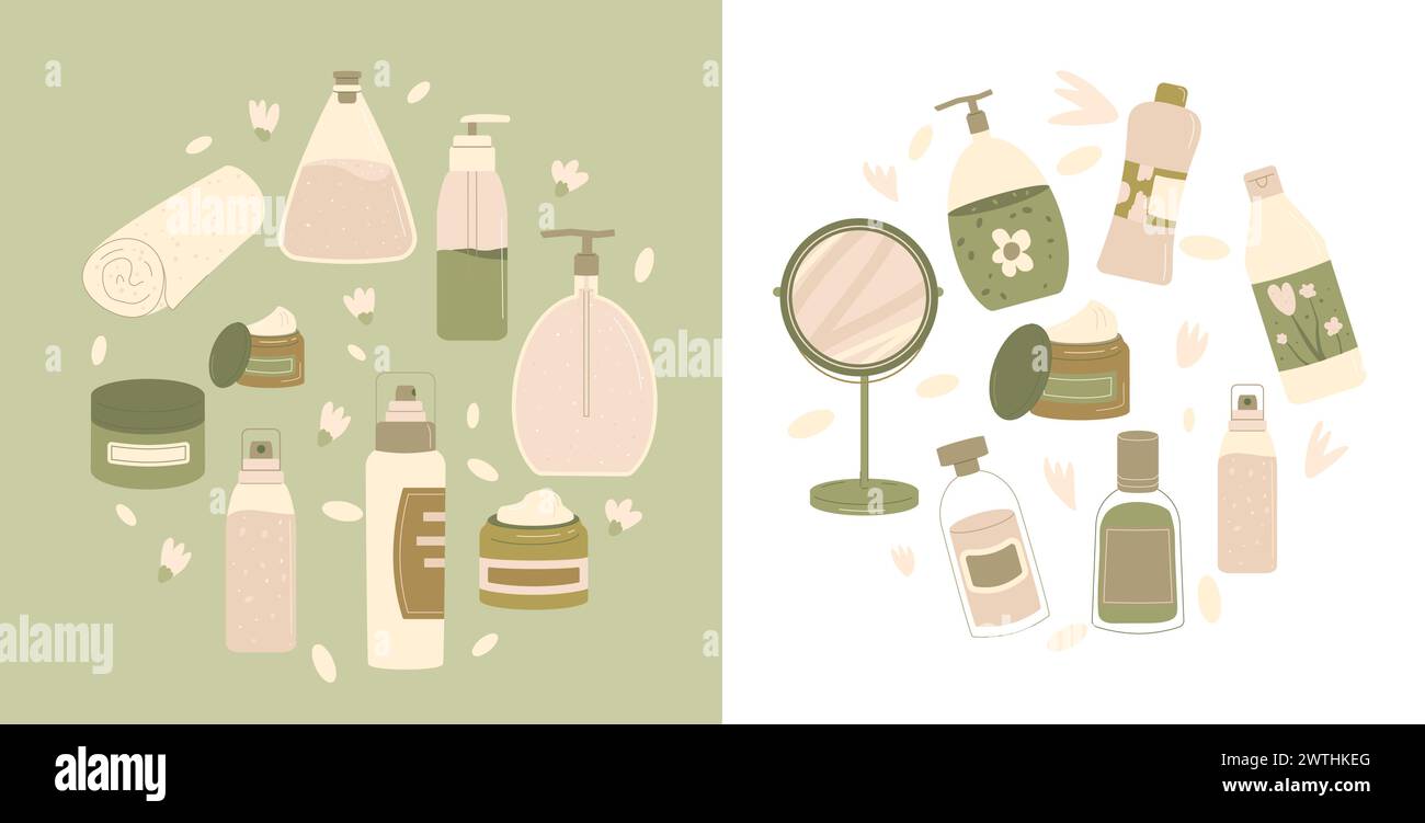 Beauty products circle emblems set. Skincare organic cosmetics daily ...