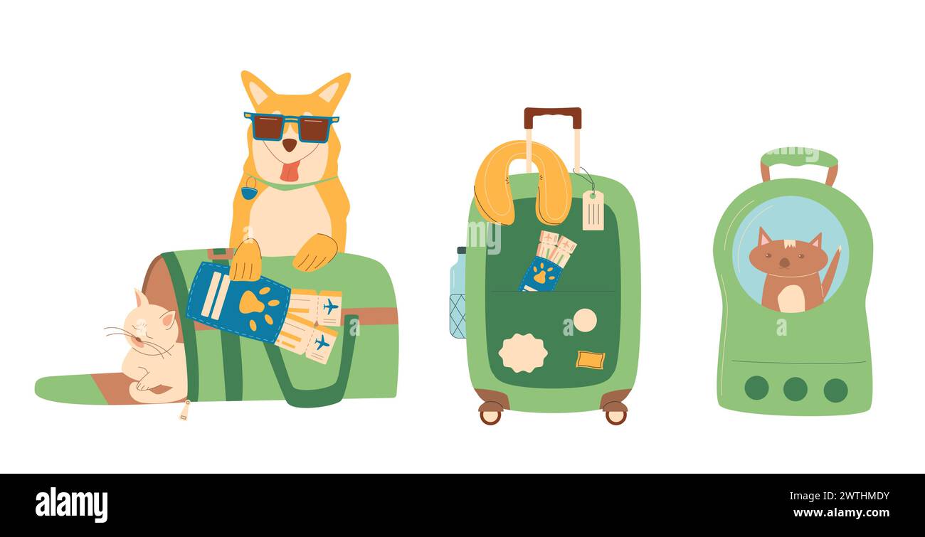 Travel with pets set. Trip with cats and dogs. Suitcase transportation ...