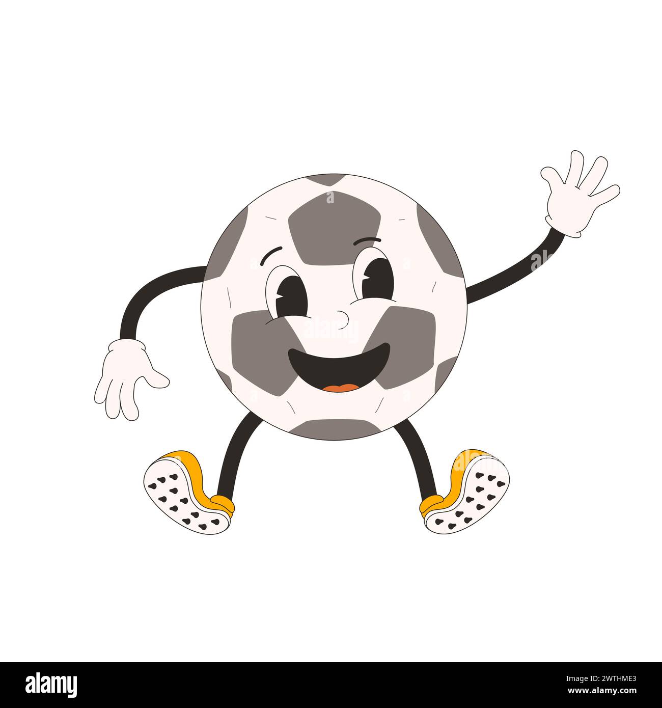 Football ball groovy character waving with hand. Soccer retro mascot ...