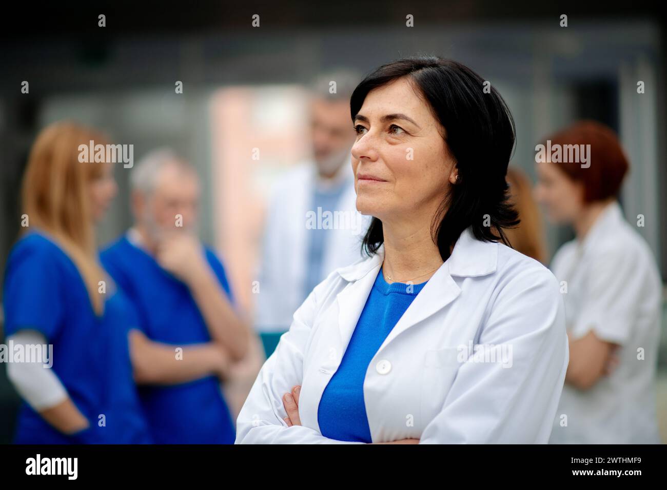Portrait of beautiful female doctor standing in front of team of ...