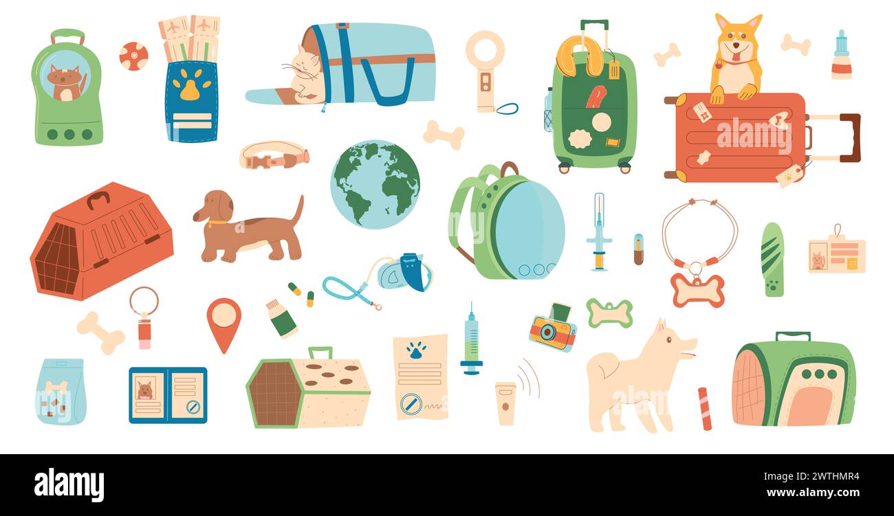 Travel with pets set. Tourism supplies and accessories for domestic ...