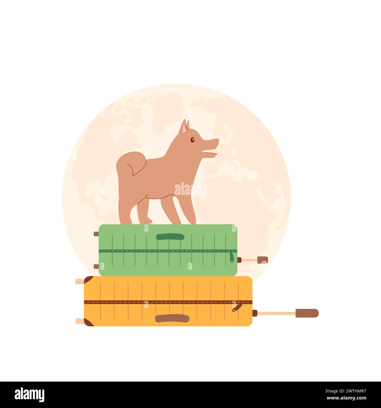 Travel with pets set. Trip with dogs. Suitcases and domestic animal ...