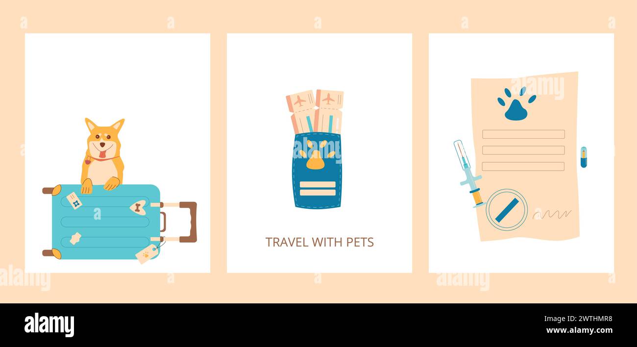 Travel with pets posters. Ticket, passport, dog and vaccination and ...
