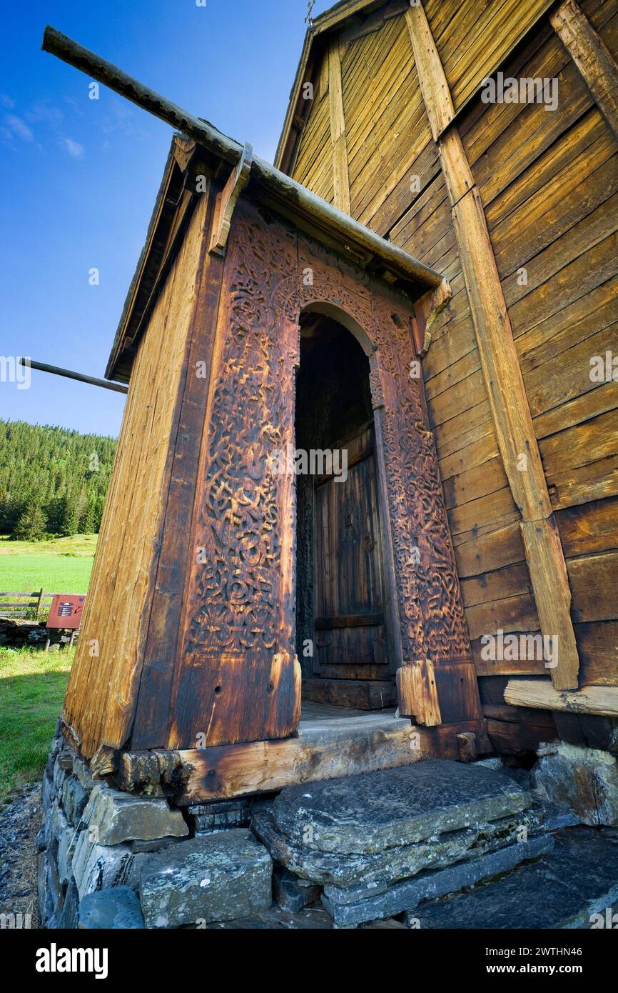 Decorative door to Lomen Stave Church, Norway Stock Photo - Alamy