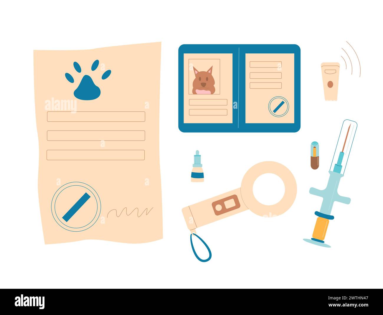Microchip pets service. Chip scanner, passport and syringe isolated on ...
