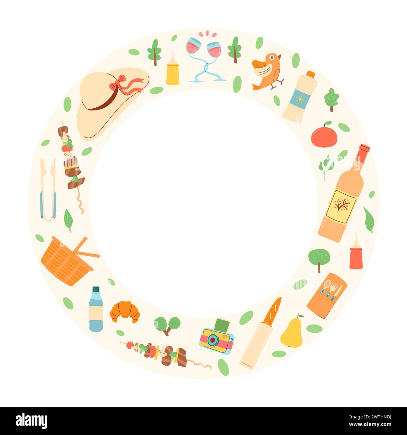 Picnic circle frame with copy space isolated on white background. Grill ...