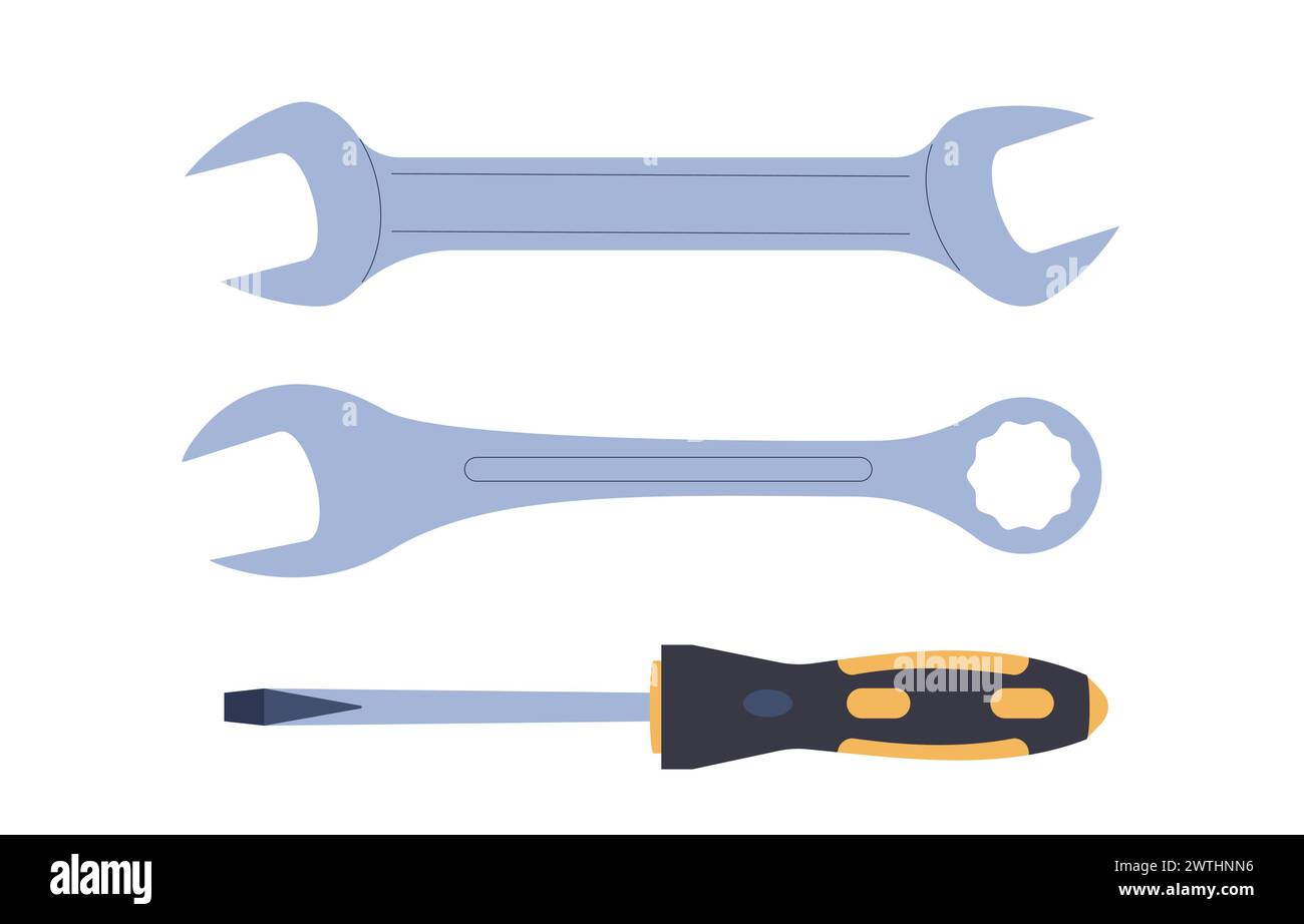Screwdriver and wrench isolated on white background. Construction ...
