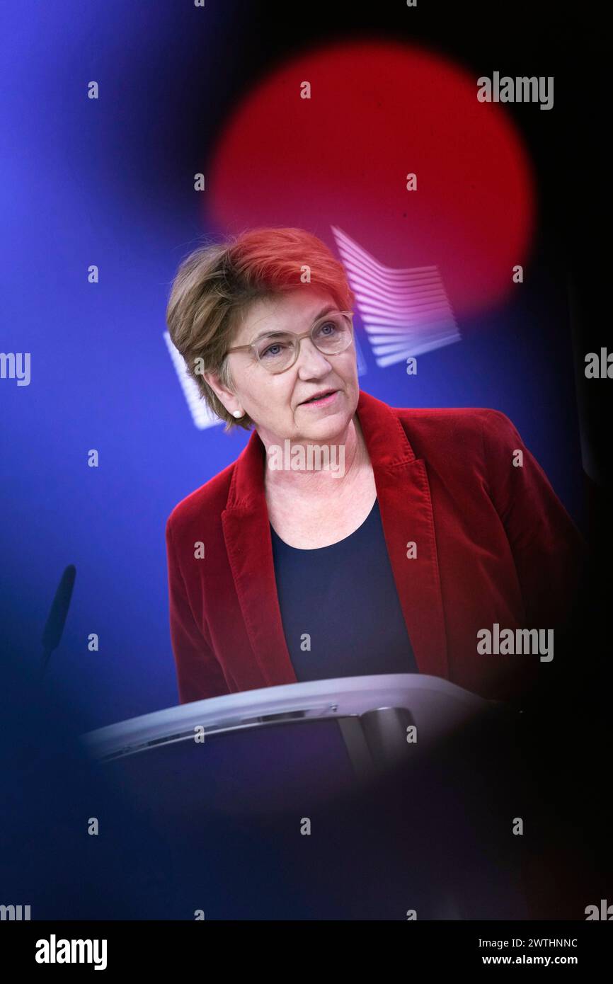 Switzerland's President Viola Amherd addresses the media prior to a ...