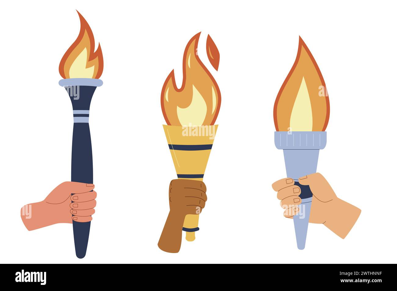 Torches with burning flame in hands set. Symbol of sport, games ...