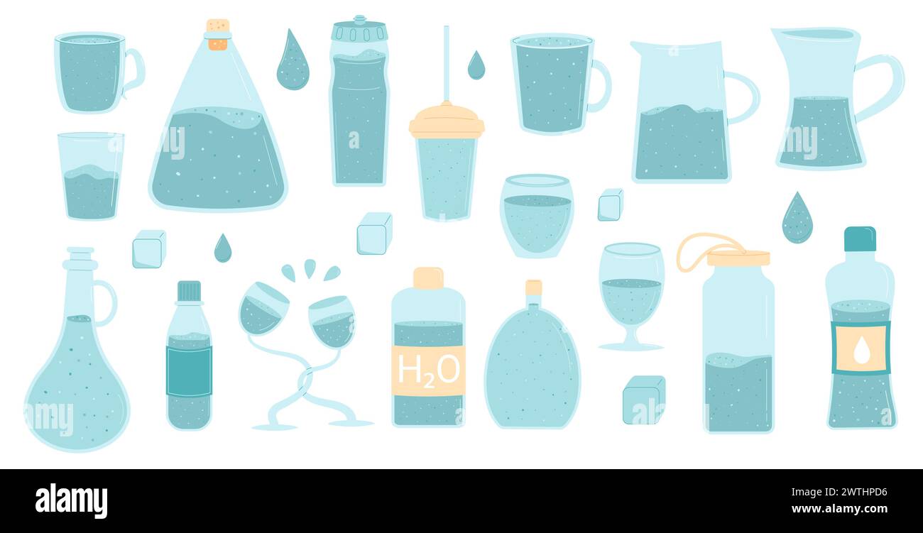 Water in different glassware containers and bottles set isolated on ...