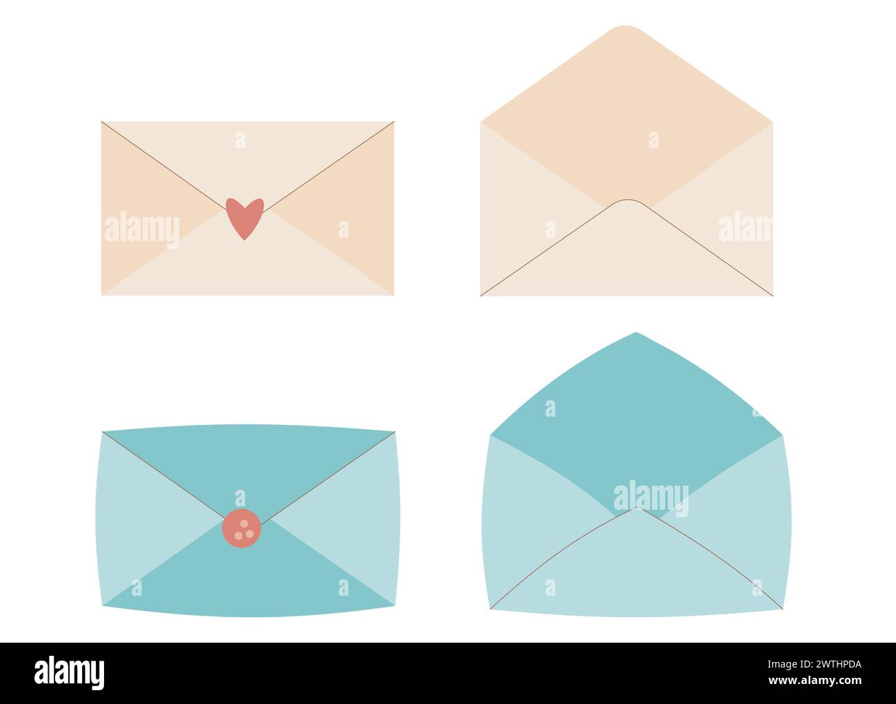 Envelopes set. Message in letters. Closed and opened paper post package ...