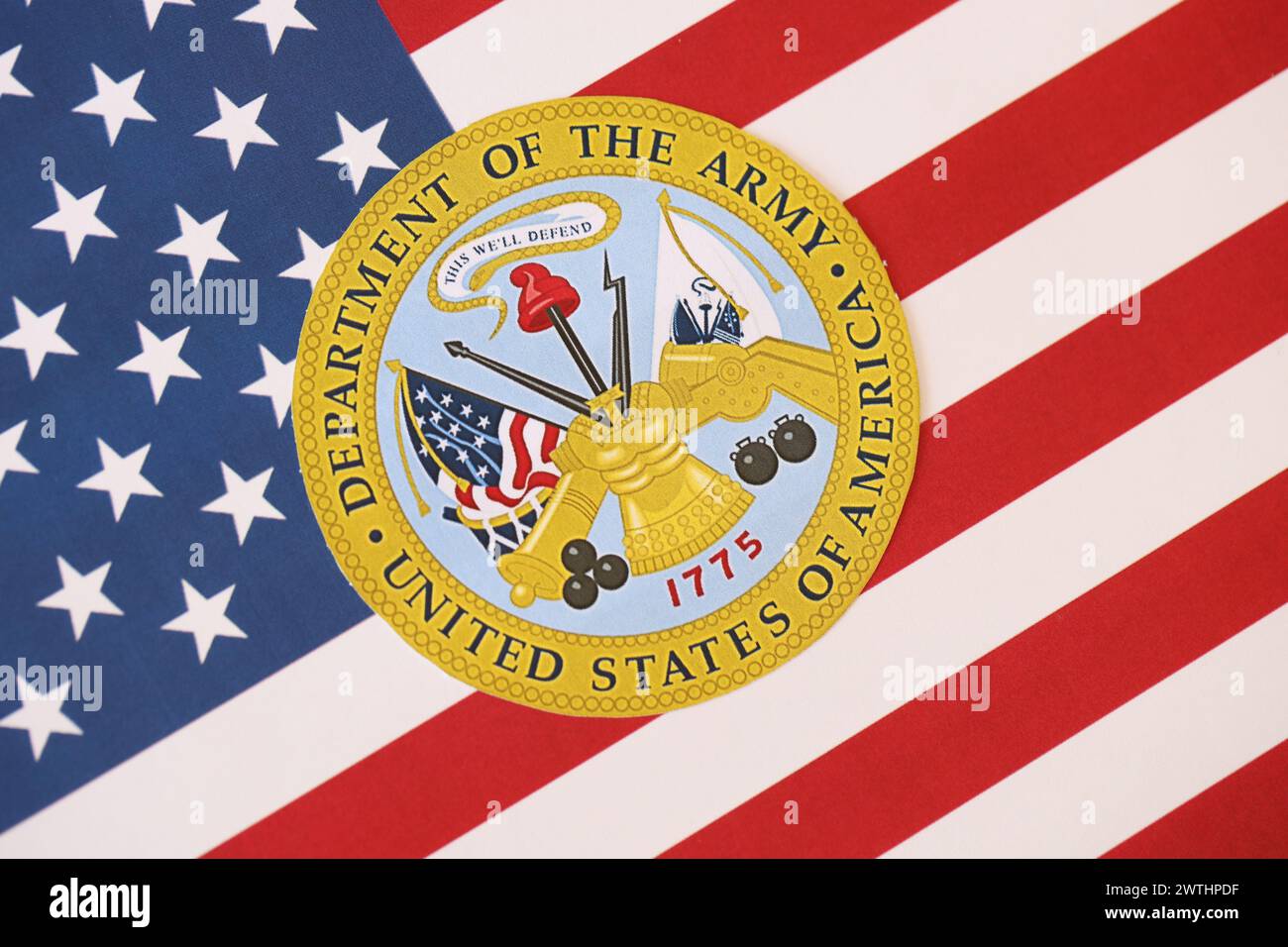 KYIV, UKRAINE - MARCH 9, 2024 US Department of Army seal on United ...