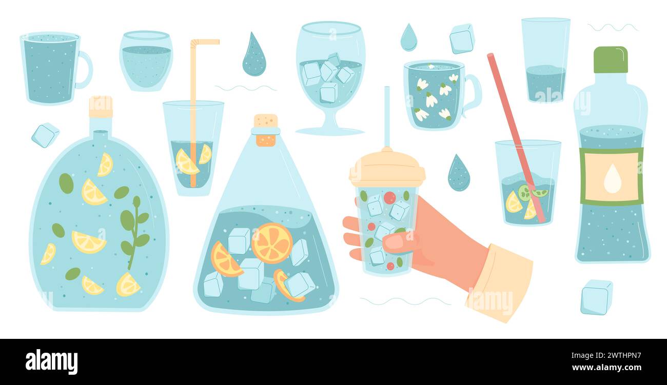 Water with addition in different containers set isolated on white background. Fresh clean ...