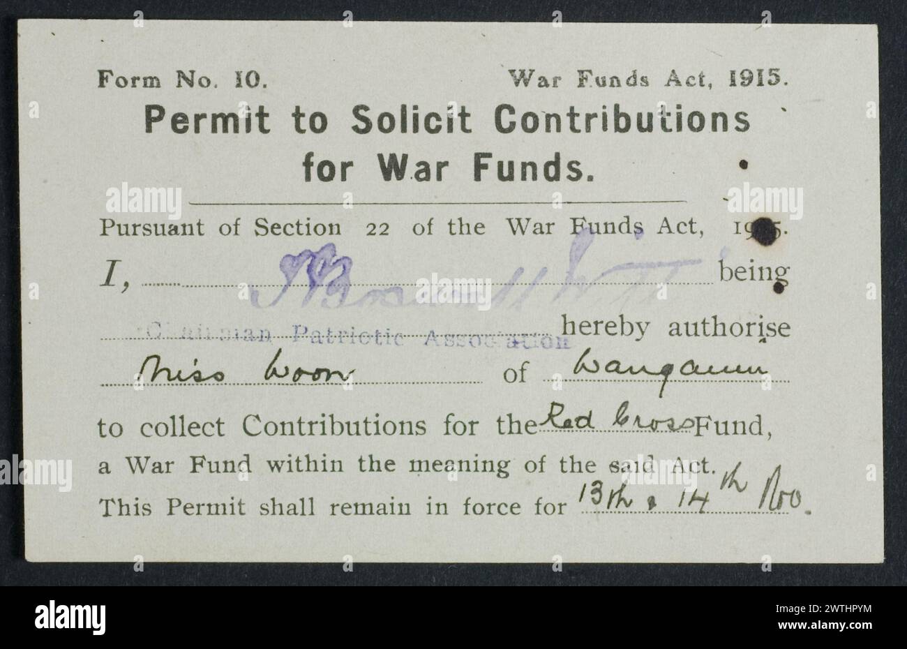 Document, 'Permit to Solicit Contributions for War Funds.' Visual and ...