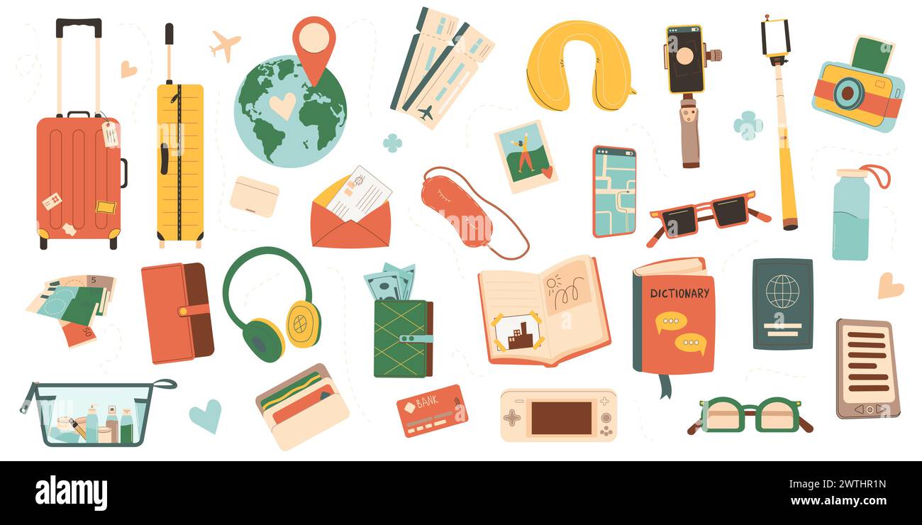 Travel Europe set. Tourism accessories collection. Trip elements ...