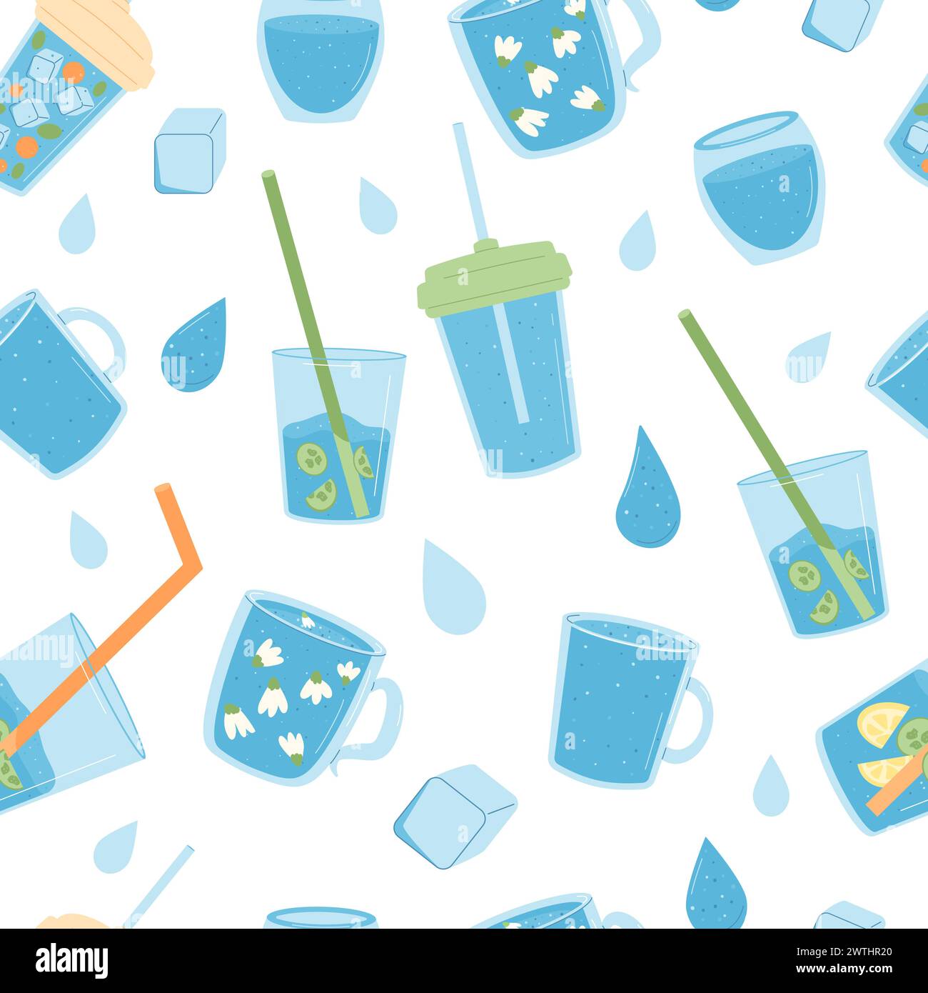 Water seamless pattern. Glasses and cups with clean aroma beverage ...