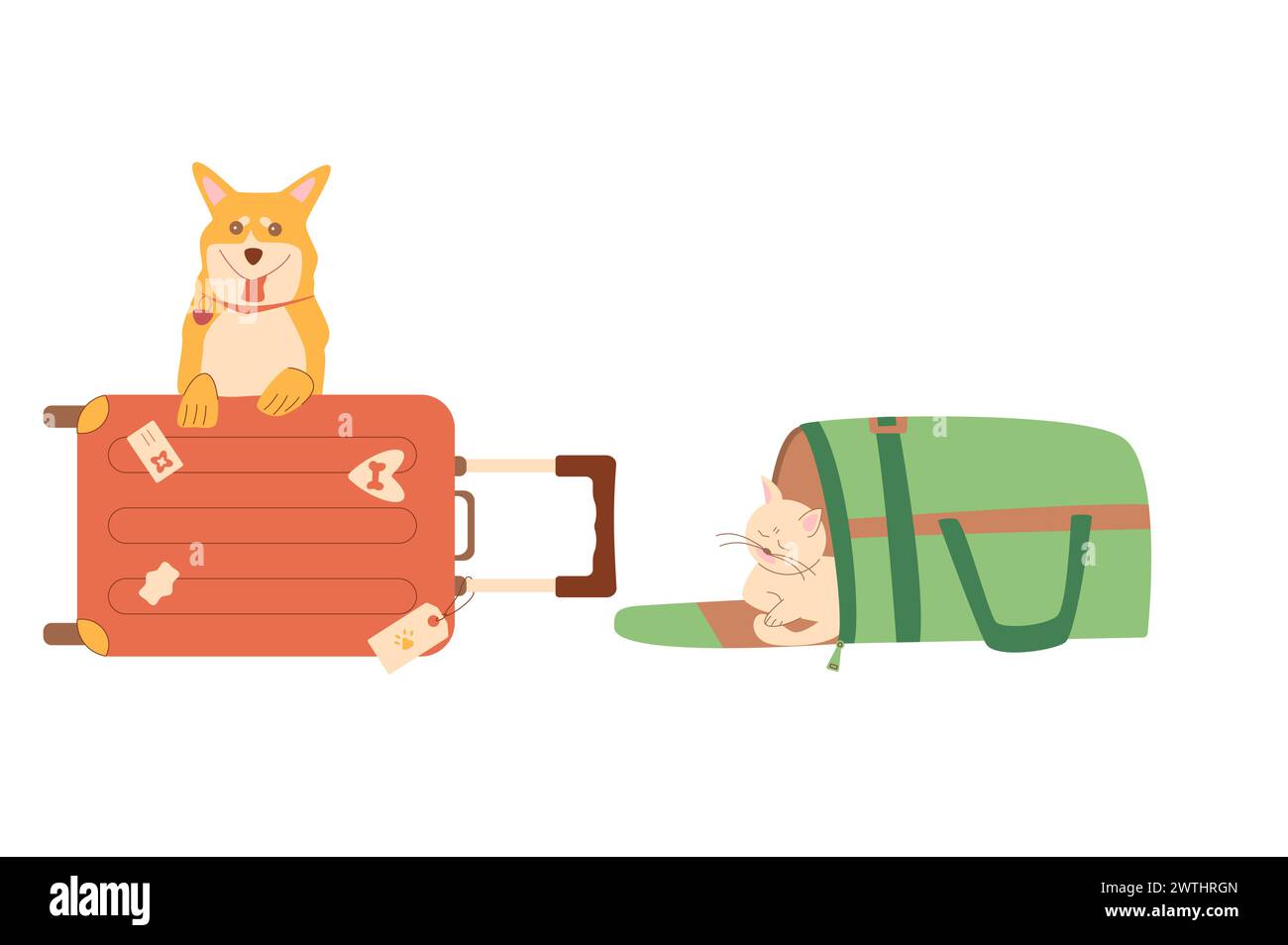 Travel with pets. Trip with cats and dogs. Suitcase, transportation box ...