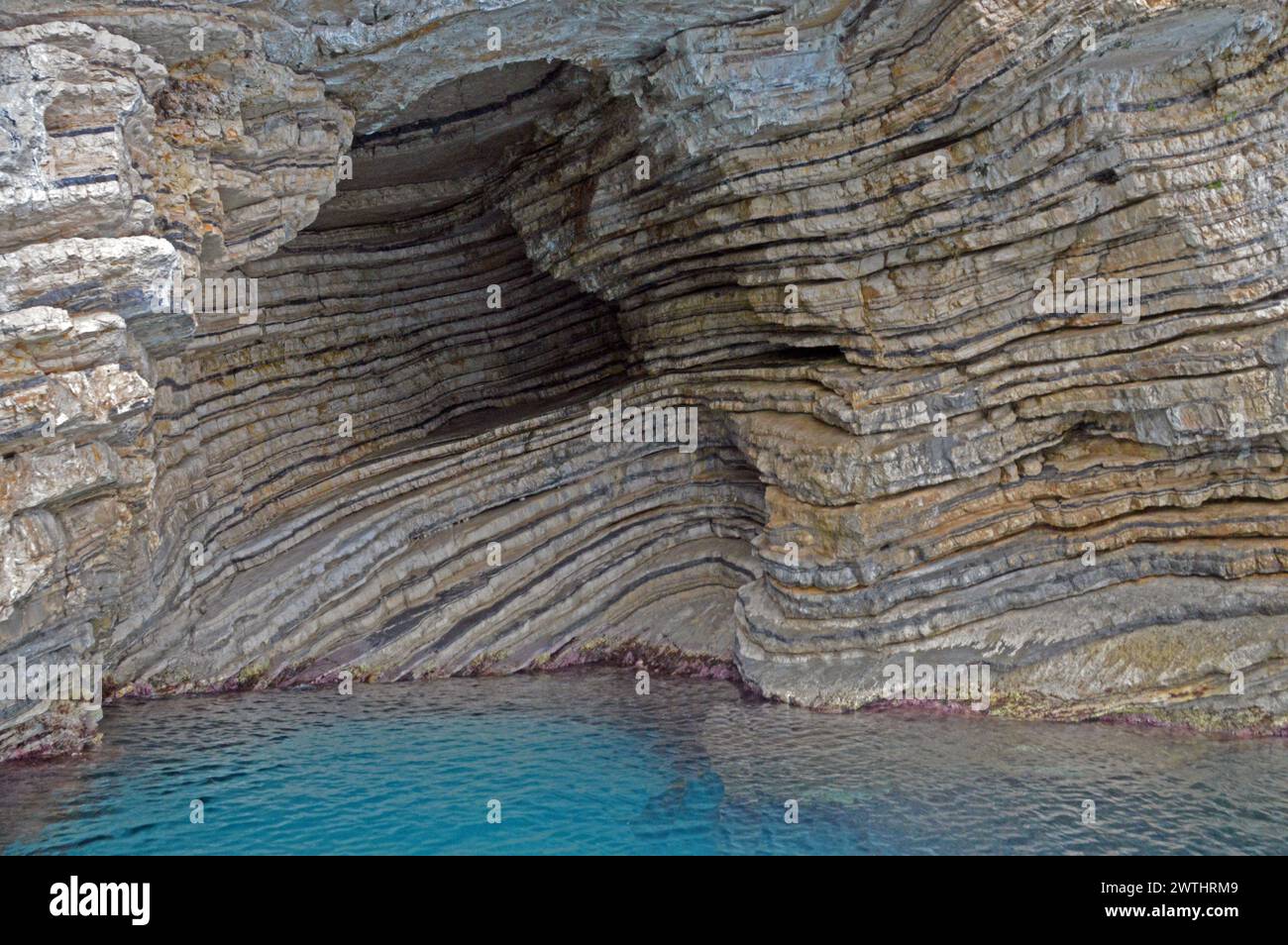 Greece, Island of Corfu, Paleokastritsa: striking folded limestone rock ...