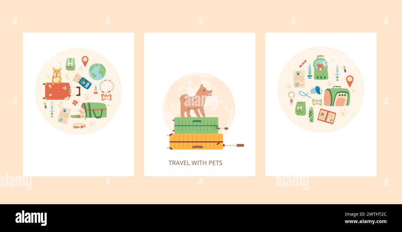 Travel with pets greeting card set. Tourism accessories and sight with ...