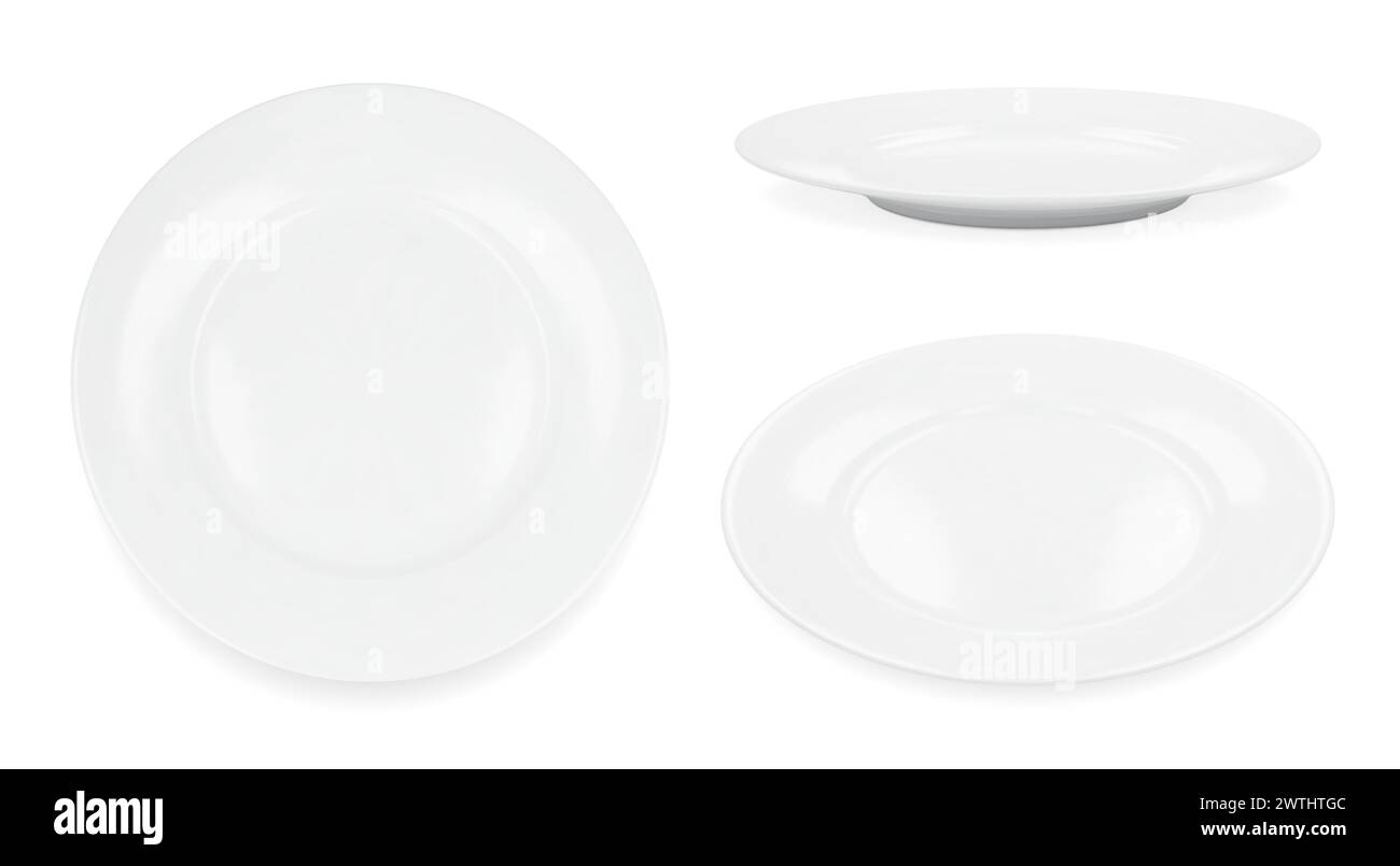 Set of 3 white round empty plates, side view iand top view Stock Vector ...