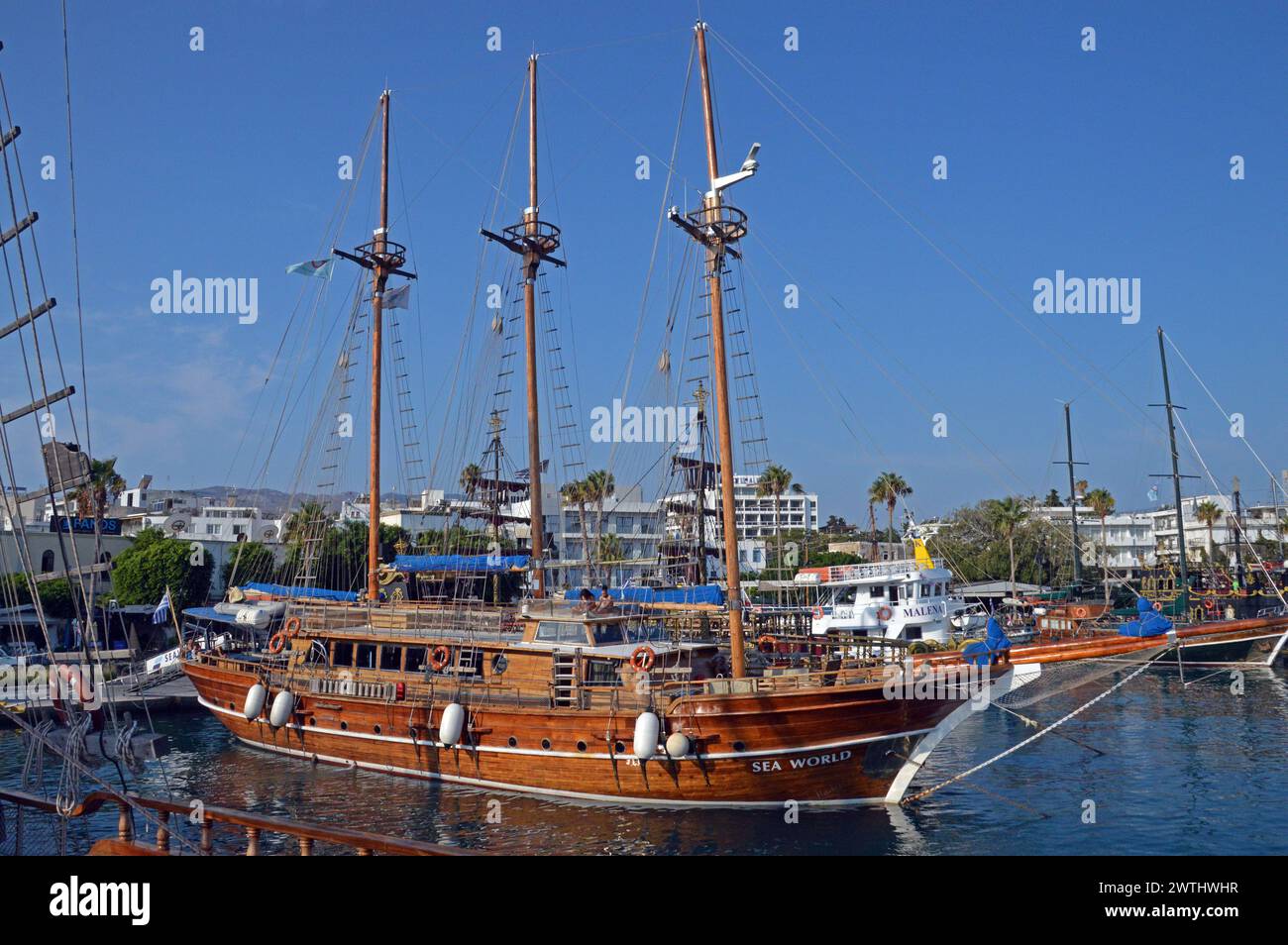Turkey, Bodrum: sailing ships moored in the harbour, with "Sea World ...