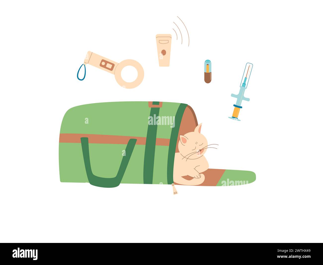 Microchip pets service. Scanner, chip and cat in soft carrier isolated ...