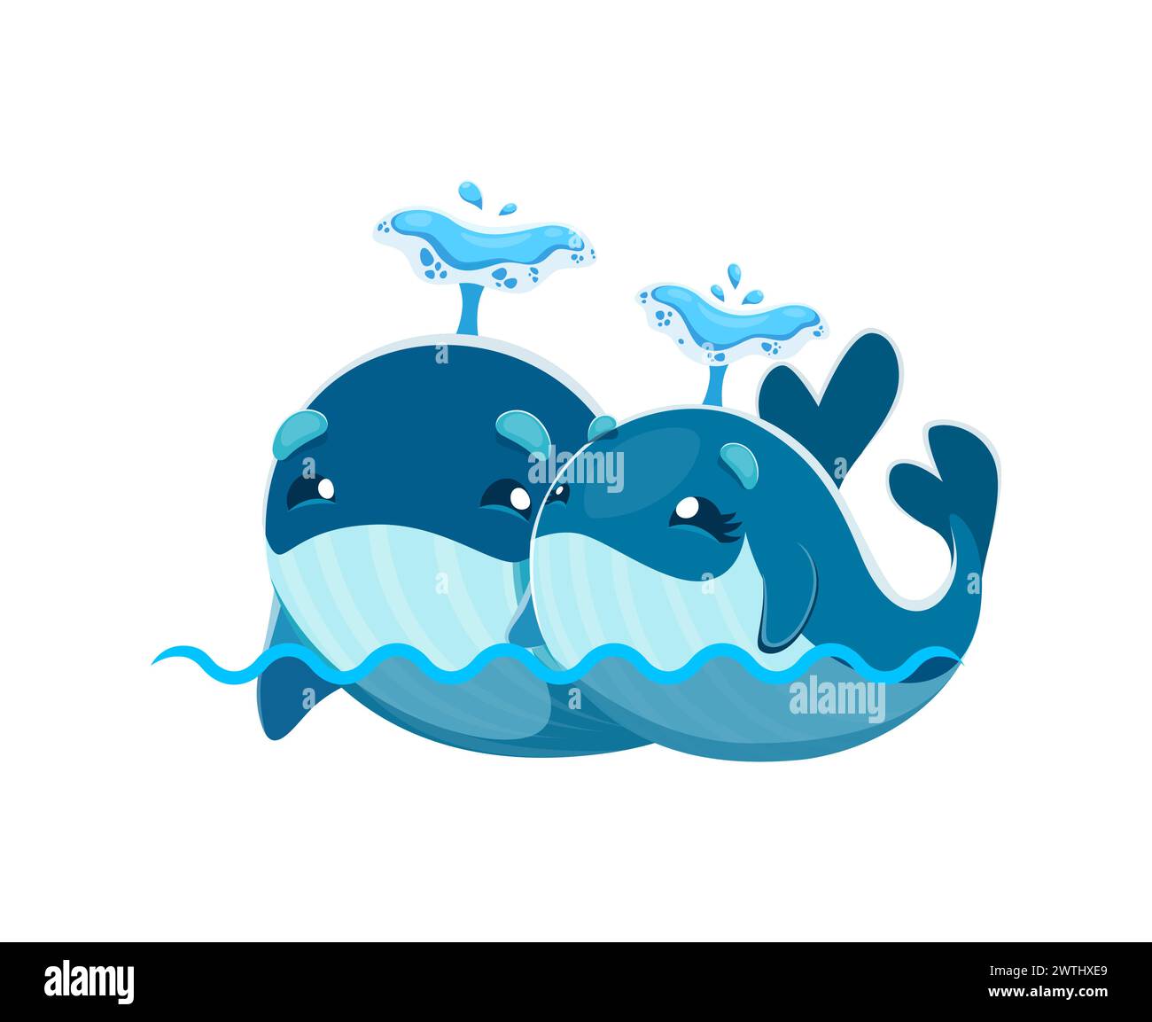 Cartoon cute kawaii whale characters. Isolated vector two adorable ...