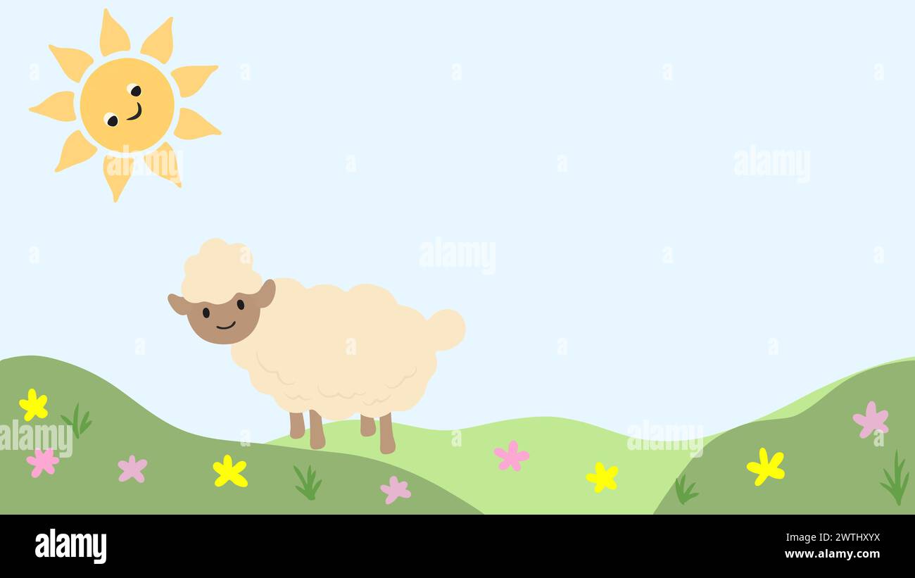 illustration of a sheep in green field with flowers and the sun ...