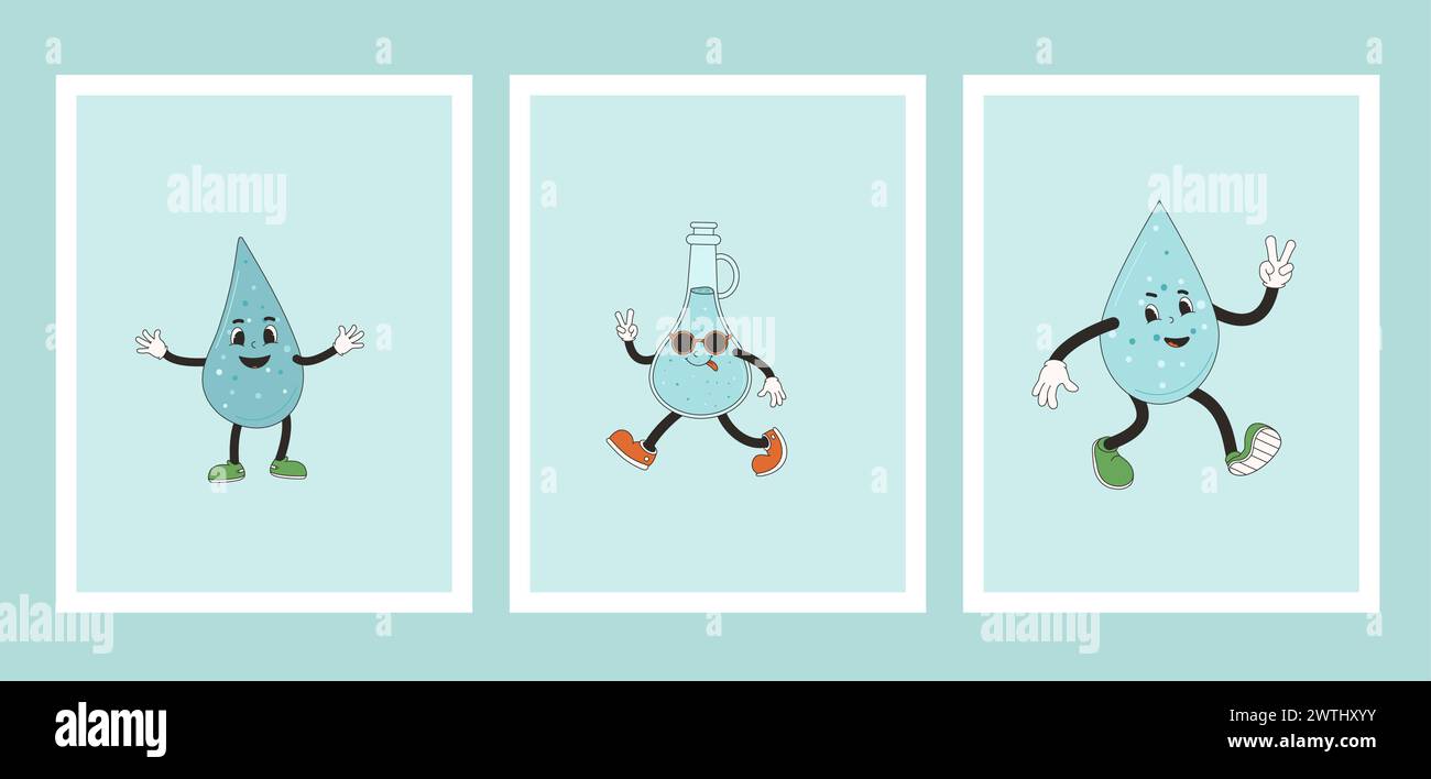 Water drop and jug banner set . Posters with retro drop characters ...
