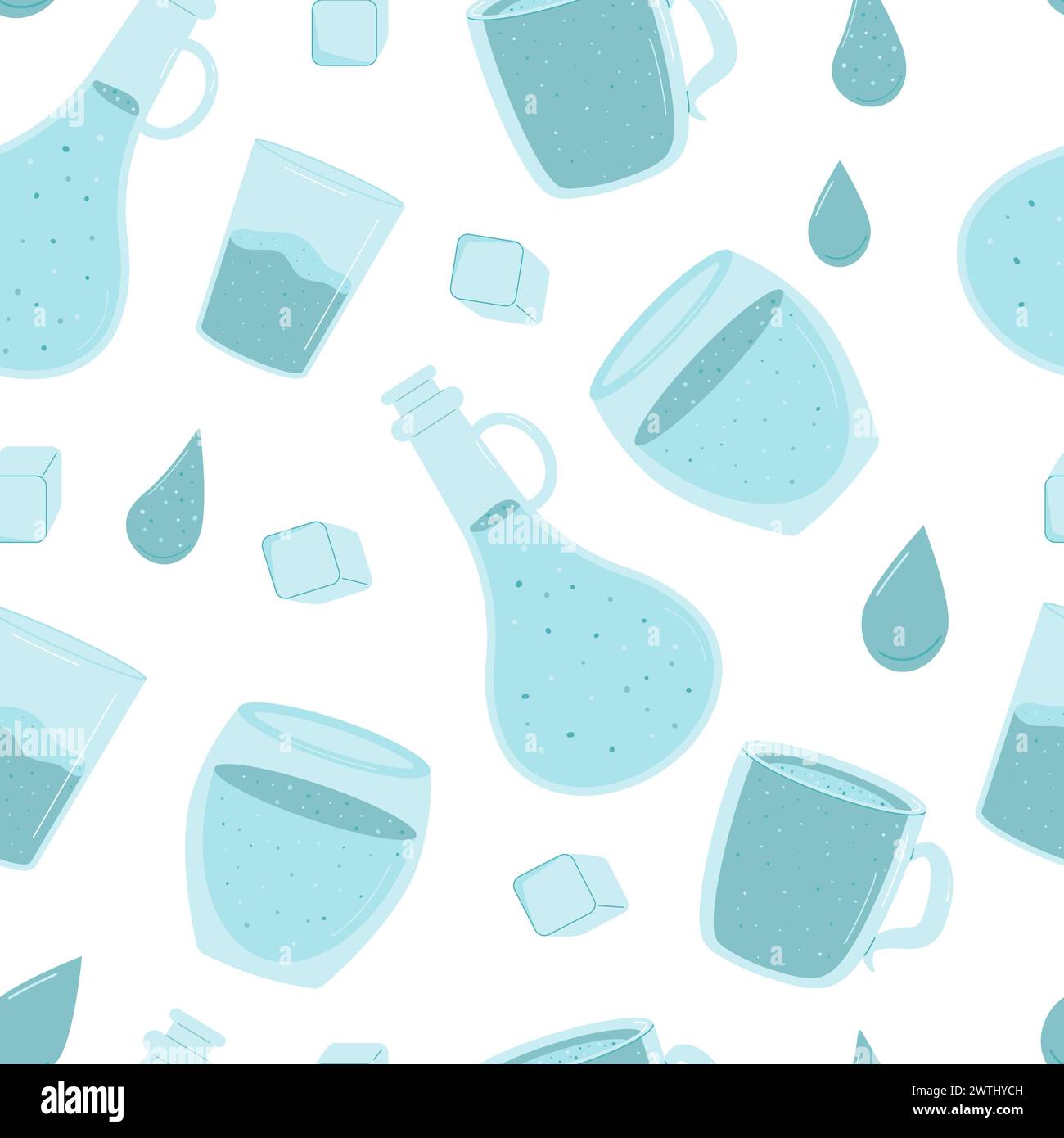 Water sparkling seamless pattern. Glasses, jug and cups with clean ...
