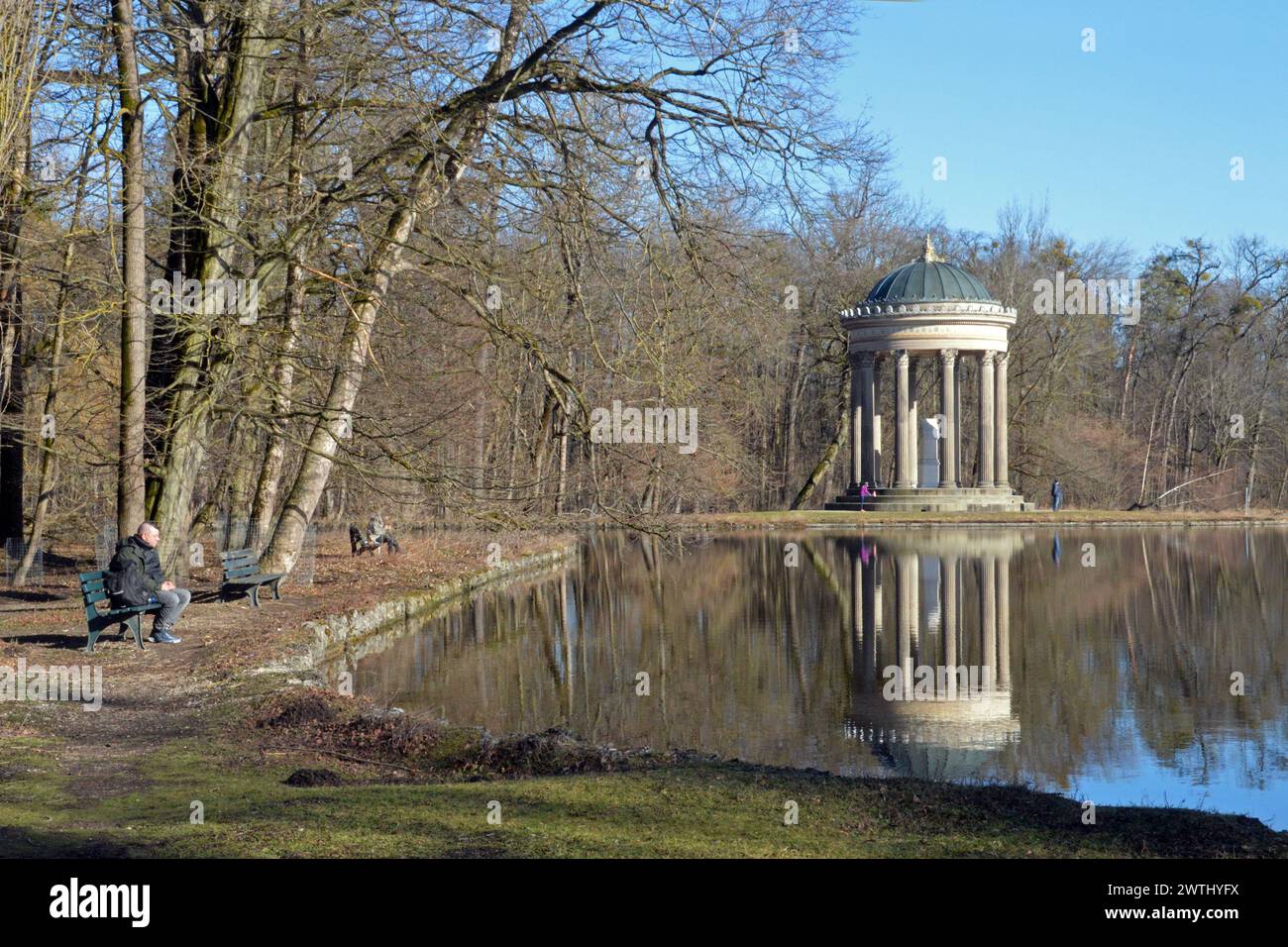 Germany, Upper Bavaria, Munich: the Monopteros in winter, reflected in ...
