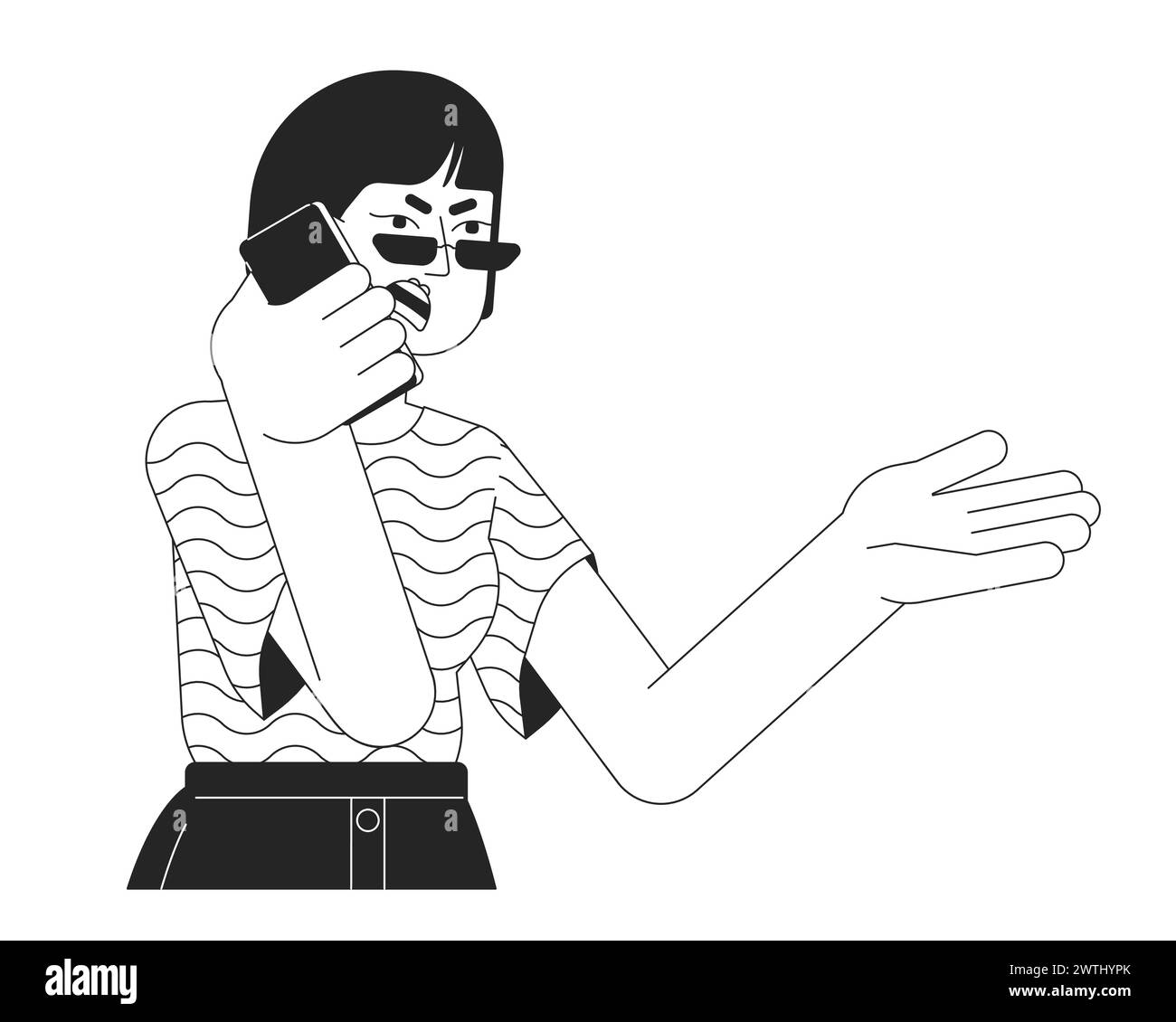Korean Girl Screaming Into Phone Black And White 2d Line Cartoon Character Stock Vector Image