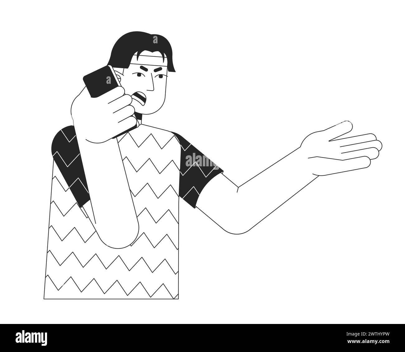 Asian man shouting into phone black and white 2D line cartoon character ...