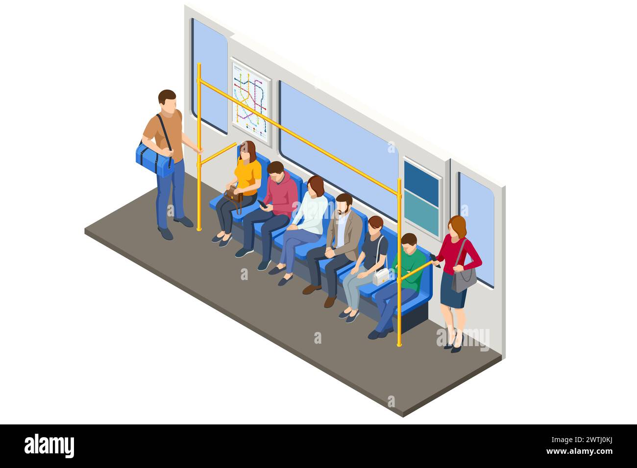 Isometric Subway underground train. People Passangers In Subway ...