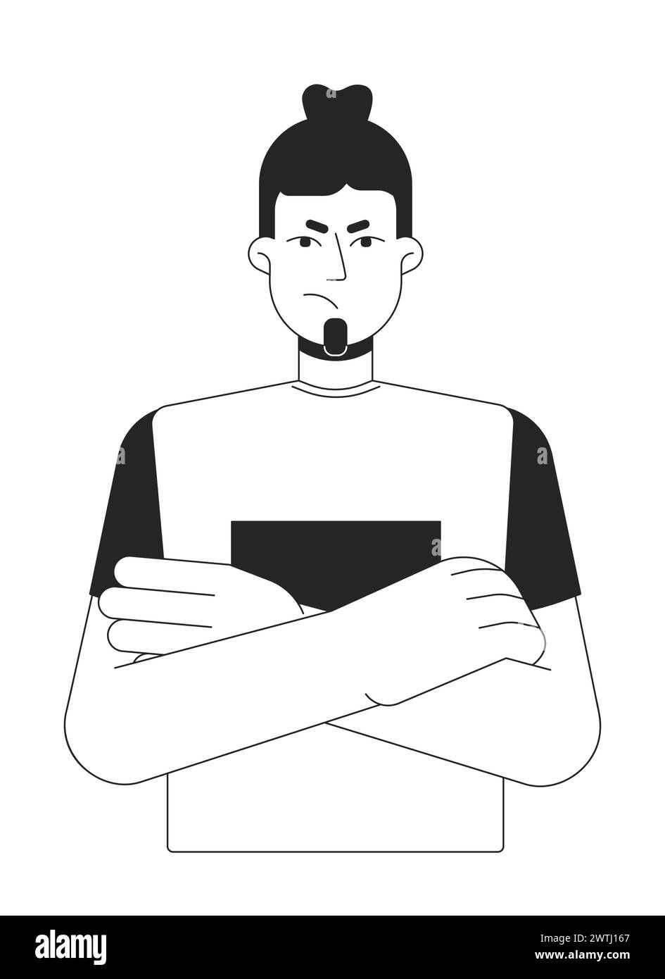 Frowning caucasian man crossed hands black and white 2D line cartoon character Stock Vector ...