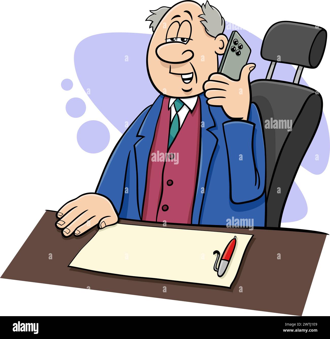 Cartoon illustration of boss or businessman behind the desk talking on ...
