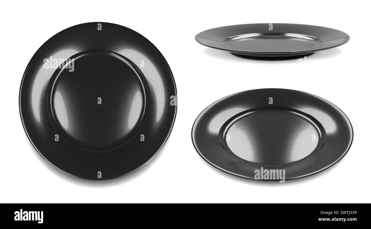 Set of 3 black round empty plates, side view iand top view with ...