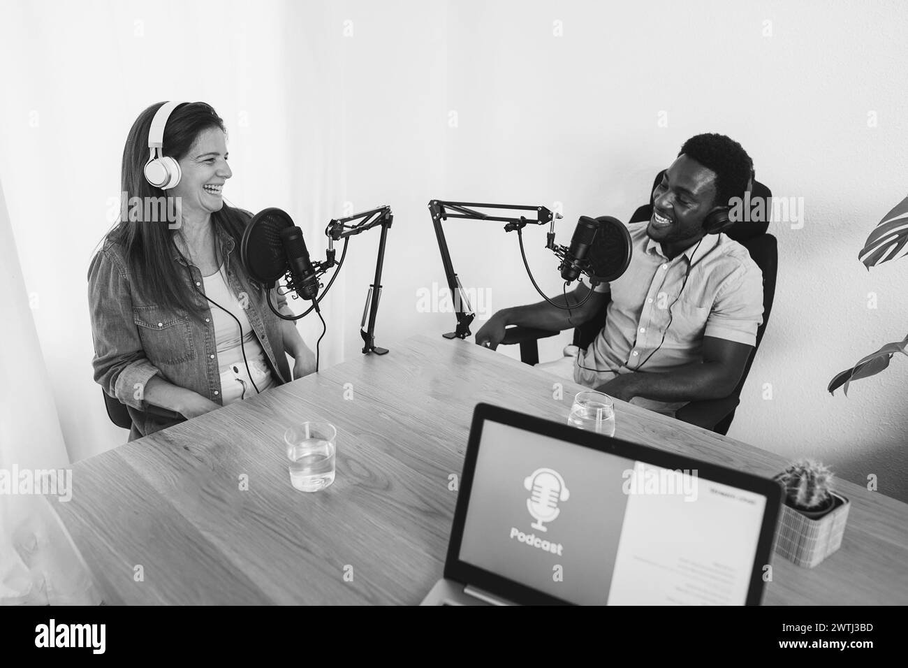 Female host speaker making a podcast interview during live streaming ...