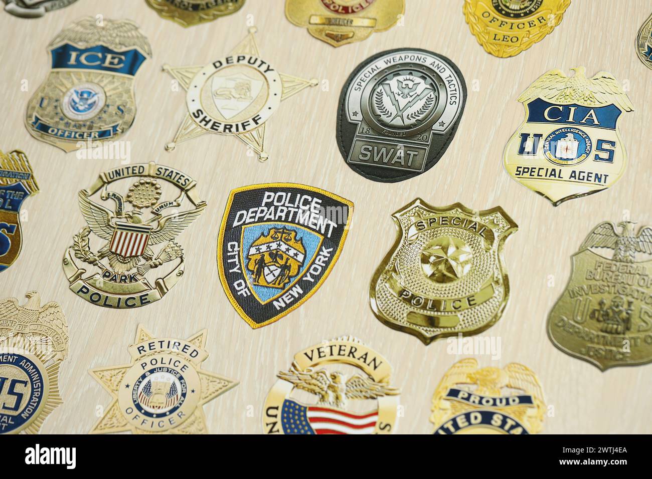 KYIV, UKRAINE - MARCH 9, 2024 Badges of different United States police ...