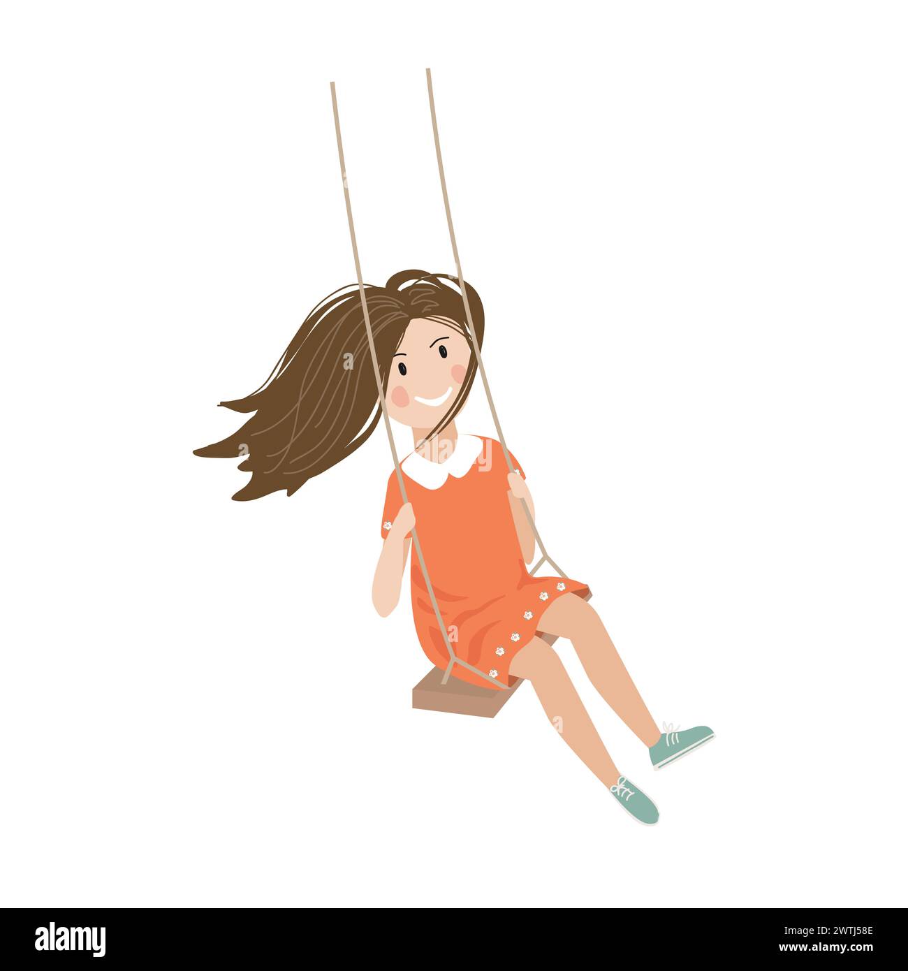 Swinging kid. Happy smiling girl with flying in the wind hair on a ...