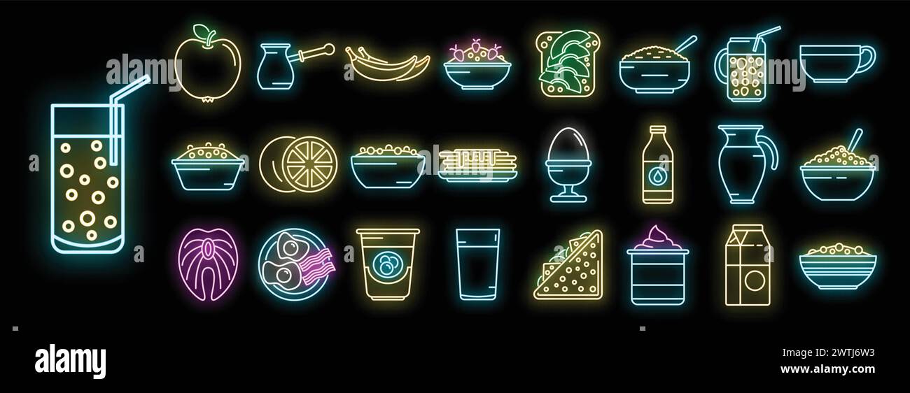 Healthy breakfast icons set outline vector. Protein food. Bread eating ...