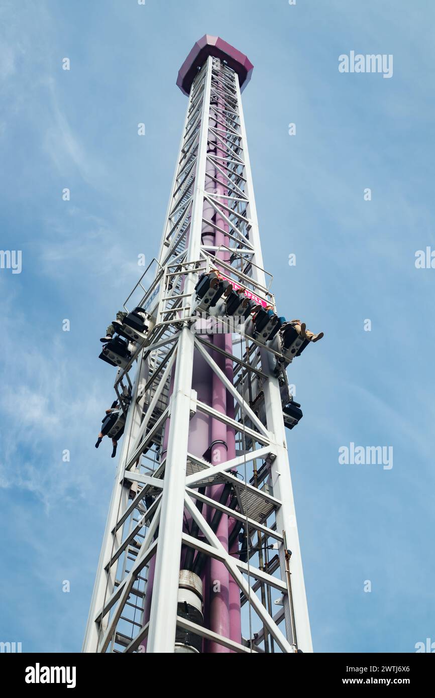 Helsinki, Finland - 21 May 2023: Linnanmaki amusement park, ride tower ...