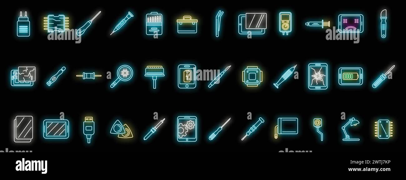 Tablet repair icons set outline vector. Break head. Fix repair neon color isolated Stock Vector ...